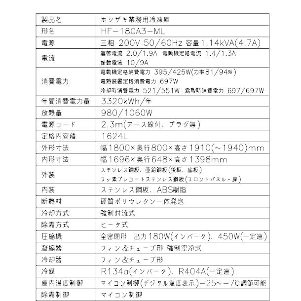 HF-180A3-ML (新型番：HF-180A3-1-ML) ホシザキ 業務用冷凍庫 インバーター 三相200V ワイドスルー 業務用冷凍庫 別料金にて 設置 入替 廃棄 クリーブランド ...