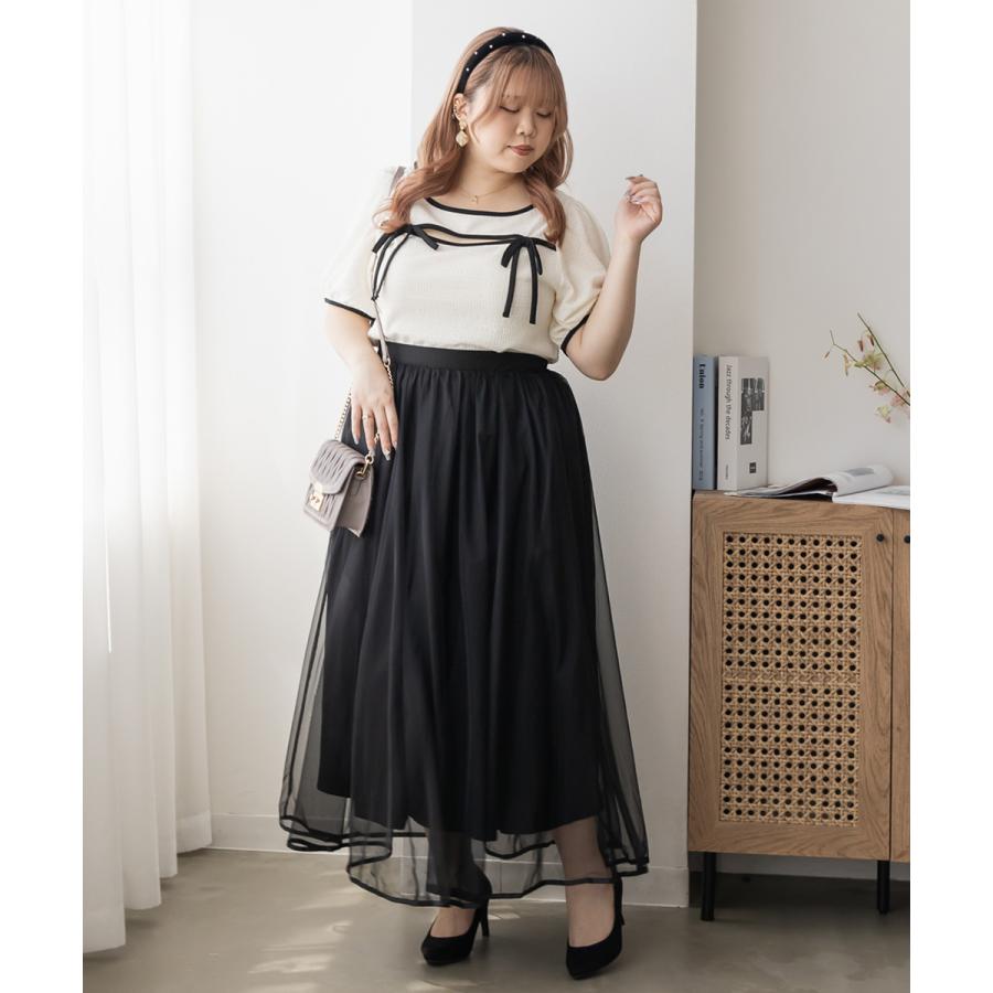 大きいサイズ レディース CLETTE オリジナル デコルテ スリット 配色リボン プルオーバー 5分袖 秋冬 トレンド 肌みせ フェミニン ...