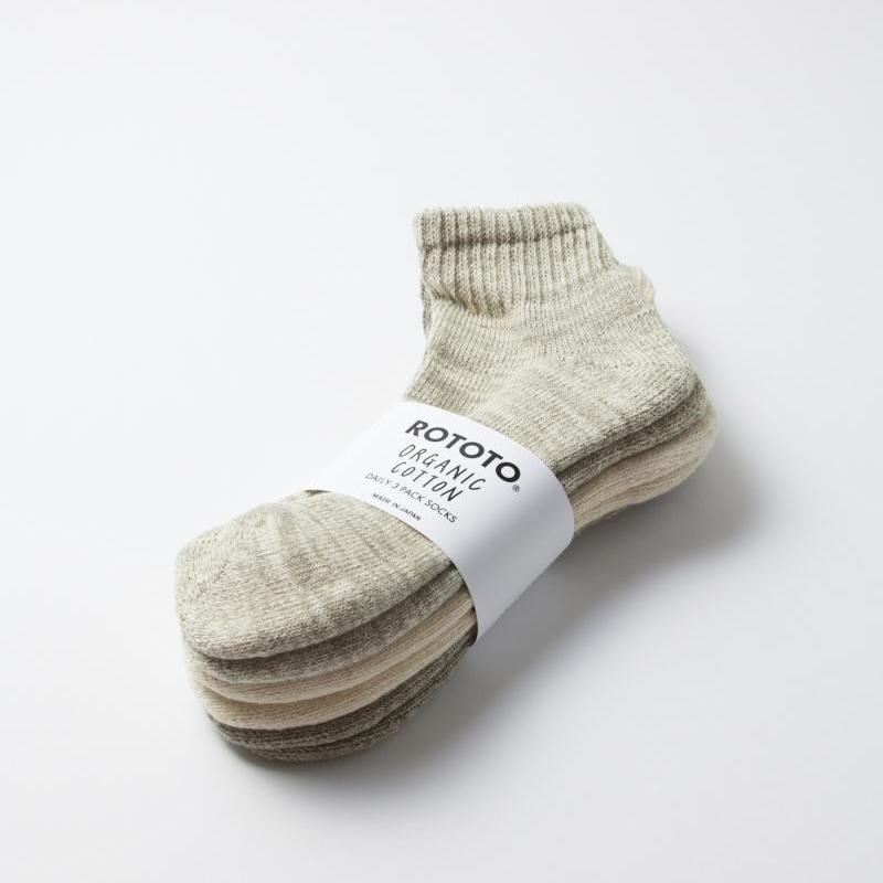 ROTOTO ORGANIC DAILY 3 PACK ANKLE SOCKS / R1371 ロトト オーガニック 3足パック アンクル ...