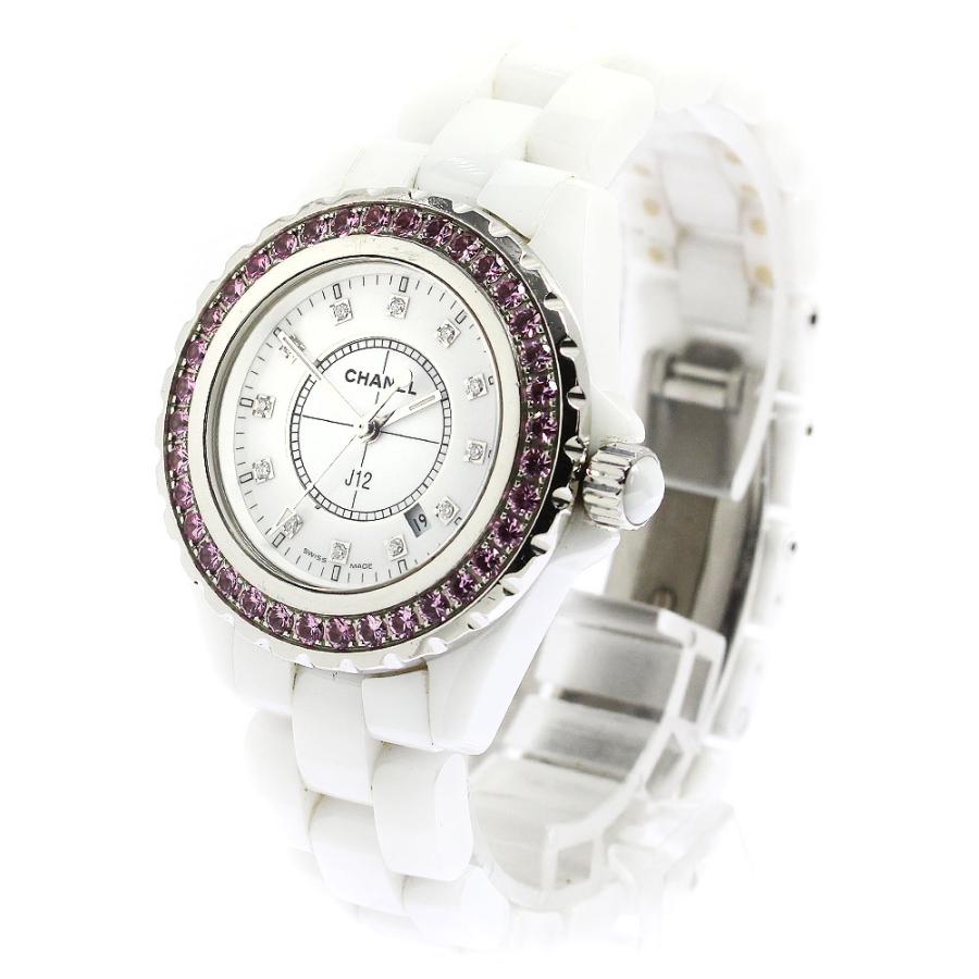 シャネル CHANEL H2010 J12 ピンクサファイアベゼル 白セラミック 12Pダイヤ クォーツ レディース _765545 : ...