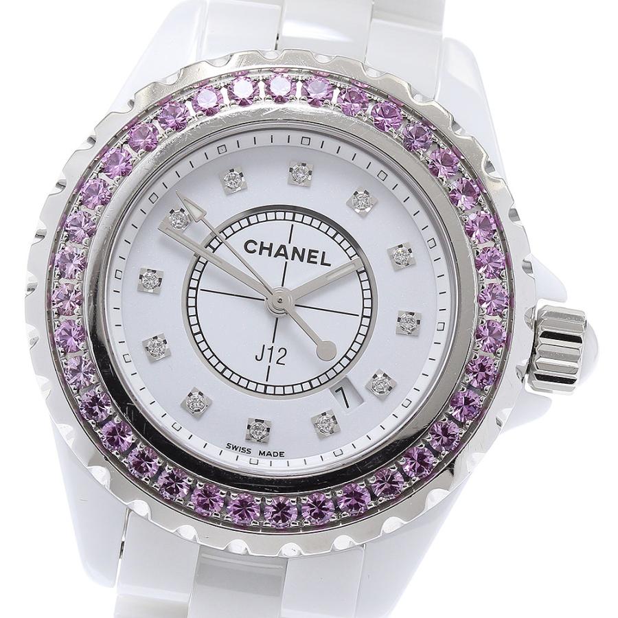 CHANEL シャネル H2010 J12 ピンクサファイアベゼル 白セラミック 12Pダイヤ クォーツ レディース _871493 ...
