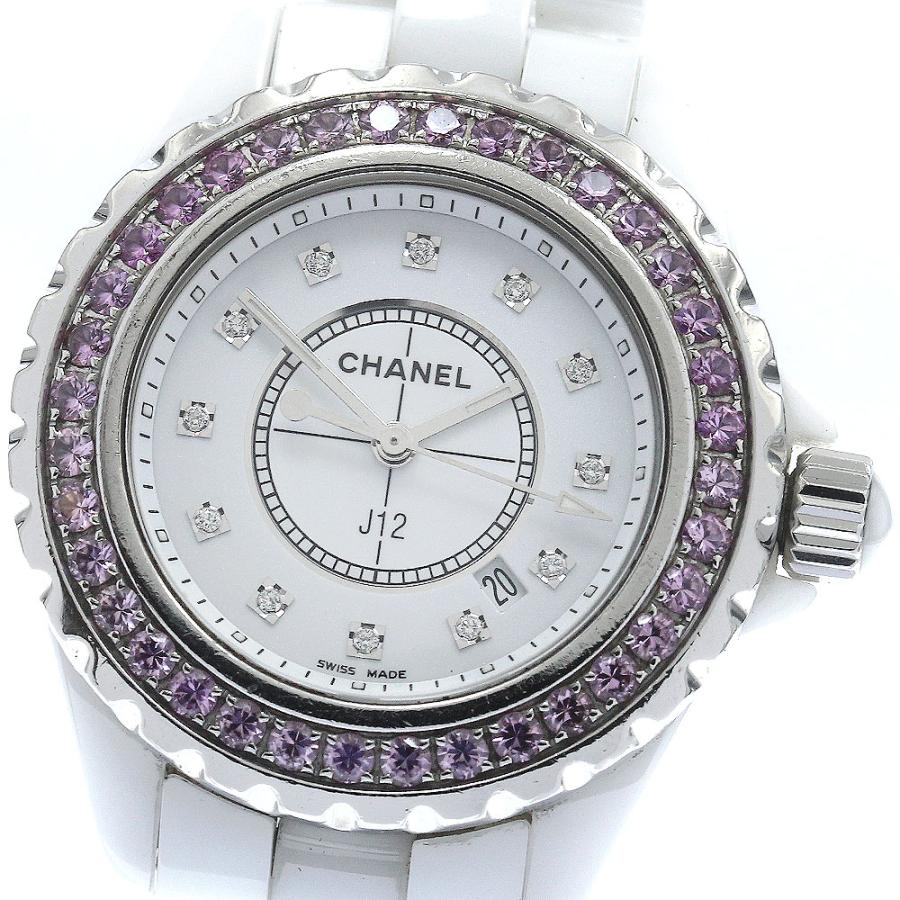 CHANEL シャネル H2010 J12 ピンクサファイアベゼル 白セラミック 12Pダイヤ クォーツ レディース 保証書付き_884494 ...