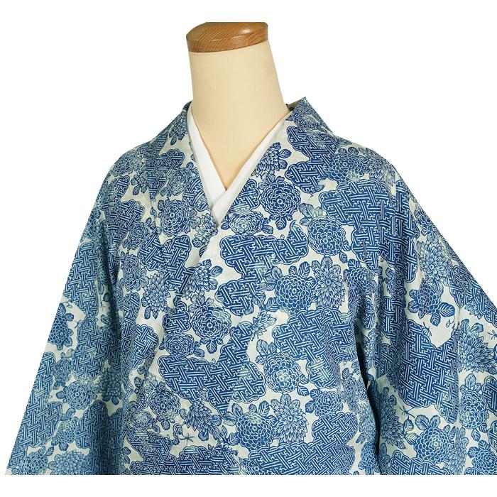 単衣のきもの しつけ糸付き 藍染 ロング丈 小紋 菊 沙綾型模様 正絹 11390 : きものあかね - 通販 - Yahoo!ショッピング