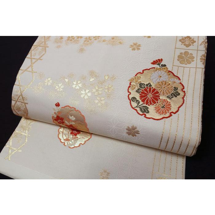 未使用 九寸名古屋帯 お太鼓柄 雪輪に小花散し 金糸織 正絹 11443 : きものあかね - 通販 - Yahoo!ショッピング