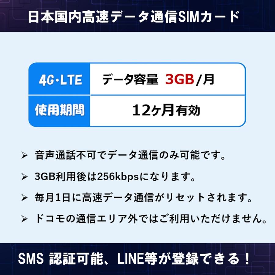 【SMS 付き】日本 プリペイドSIM 3GB/月1年間有効 Docomo回線 4G-LTE対応 データ通信専用SIMカード 3GB : CM ...