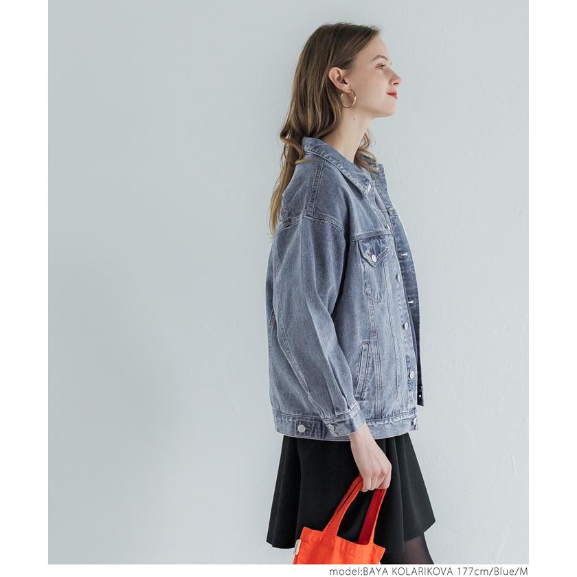 セール★3990円→2490円 デニムジャケット レディース Gジャン 長袖 ビッグシルエット レギュラーカラー 前開き ポケット ミディアム丈 無地 メール便不可 : 01 ...