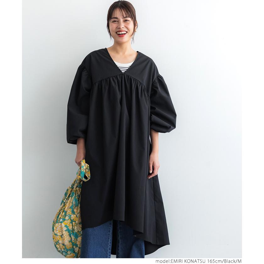 セール★2990円→1490円 ロングワンピース レディース Vネック ギャザー 袖口ゴム ボリューム フレアスリーブ フレア 前後差 長袖 薄手 メール便不可 :26-221017006 ...