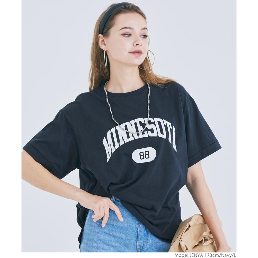 Tシャツ レディース カットソー ロールアップ プリント 英字 ロゴ 半袖 スリット クルーネック ミディアム丈 メール便可 23ss : 46-230214003-04 : coca ...