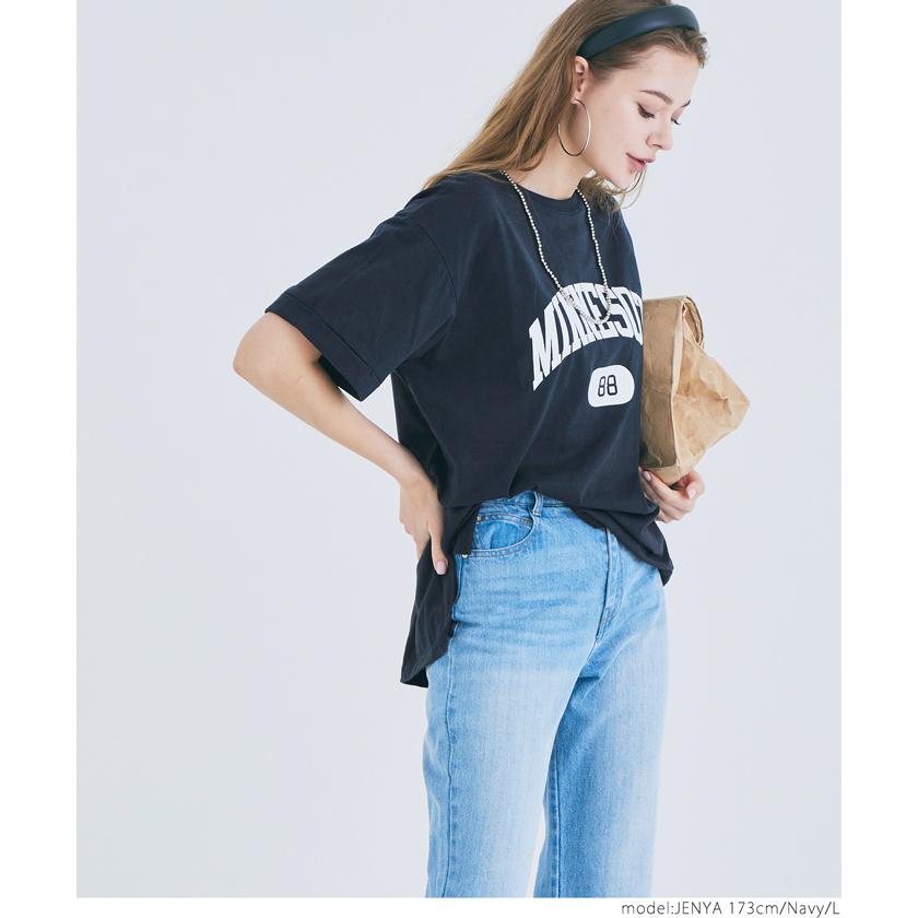 Tシャツ レディース カットソー ロールアップ プリント 英字 ロゴ 半袖 スリット クルーネック ミディアム丈 メール便可 23ss : 46-230214003-04 : coca ...