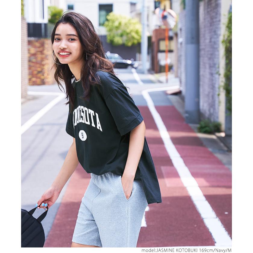 Tシャツ レディース カットソー ロールアップ プリント 英字 ロゴ 半袖 スリット クルーネック ミディアム丈 メール便可 23ss : 46-230214003-04 : coca ...