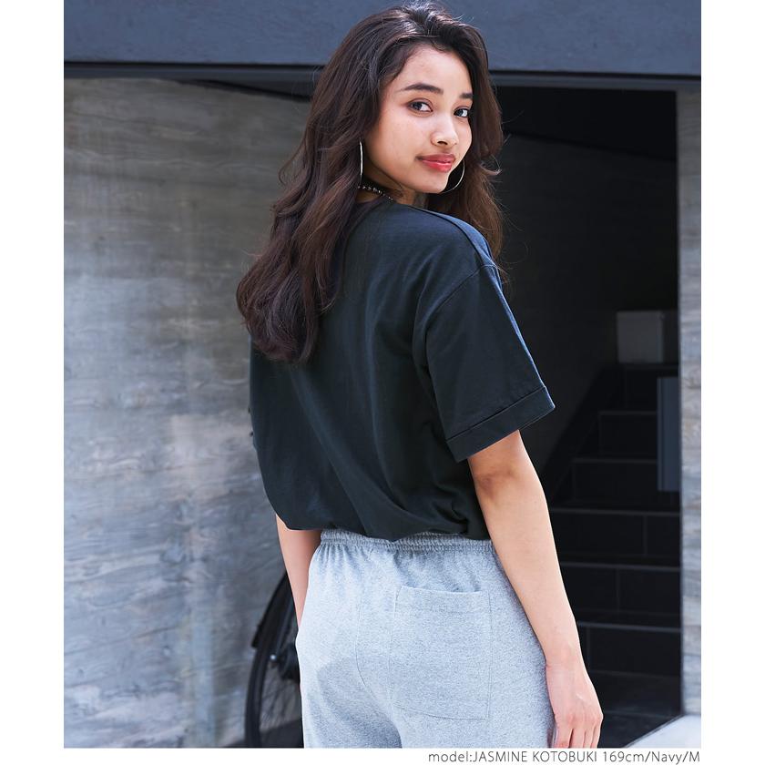 Tシャツ レディース カットソー ロールアップ プリント 英字 ロゴ 半袖 スリット クルーネック ミディアム丈 メール便可 23ss : 46-230214003-04 : coca ...