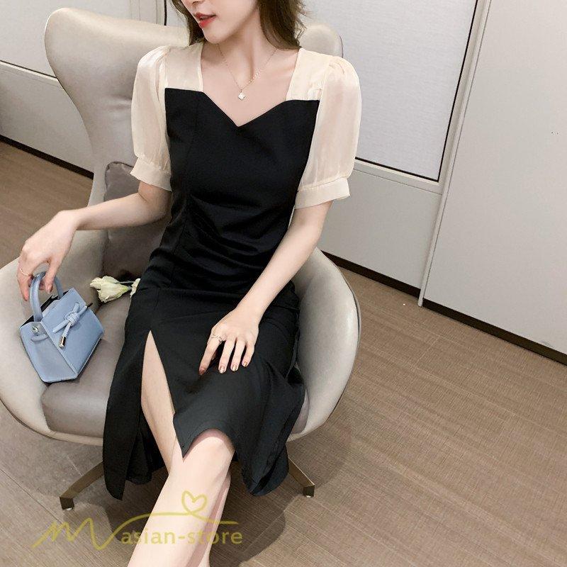 レディースワンピース夏新作着痩せ短めスクエアネック着痩せ長め切り替え選べる着回し裾口スリットアウトドア半袖フェミニン : Cocotch ヤフー店 - 通販 - Yahoo!ショッピング