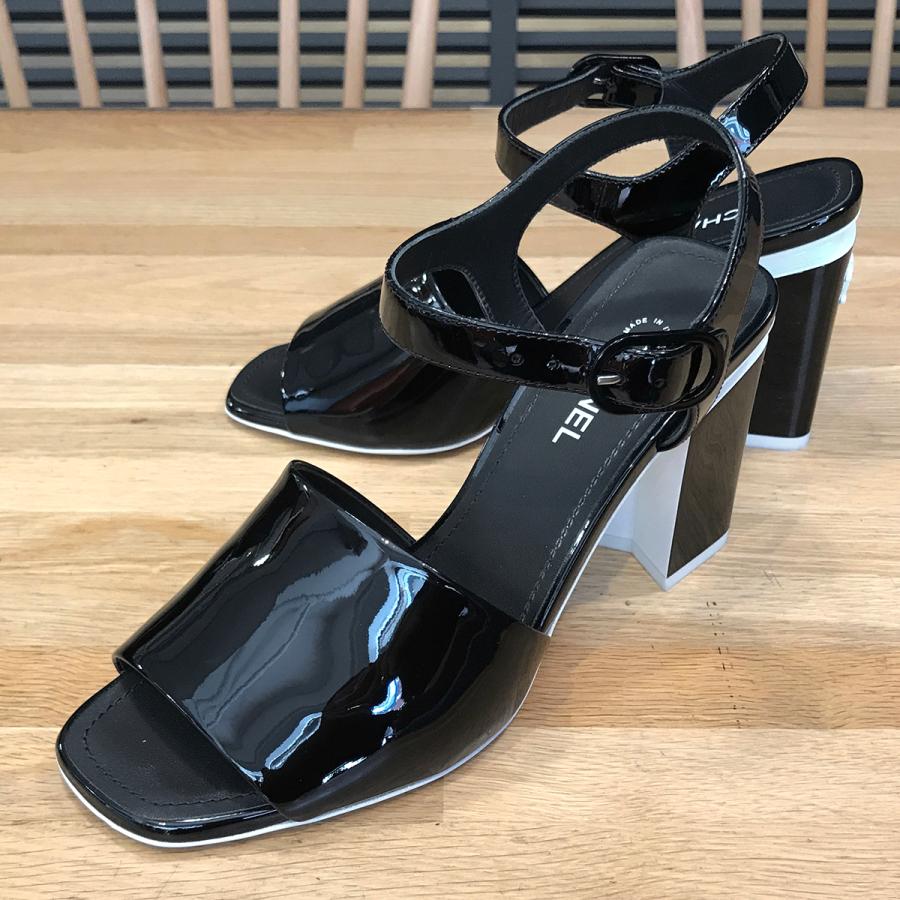 CHANEL 【新品同様】シャネル ココマーク アンクルストラップ サンダル パテント ブラック 36C 約23cm G38684 黒 ...