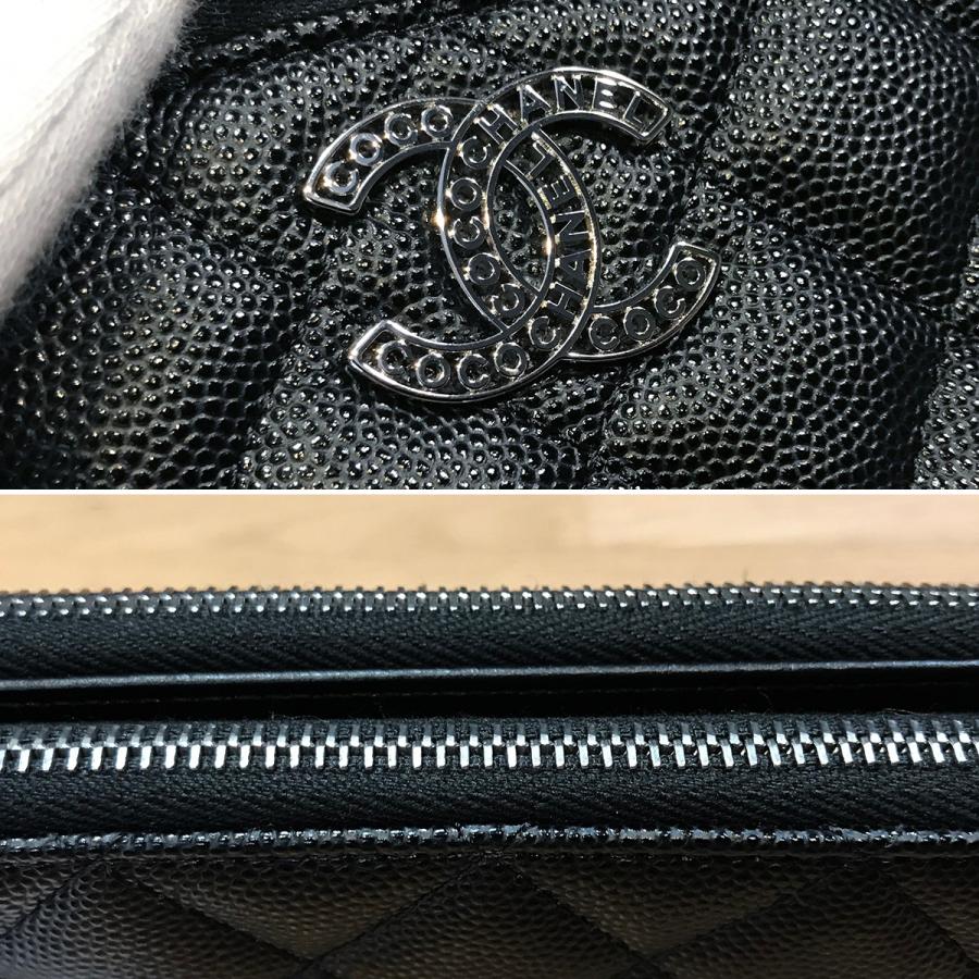 CHANEL 【新品同様】シャネル チェーンクラッチ キャビアスキン ブラック シルバー金具 AP3837 チェーンウォレット グレインド ...
