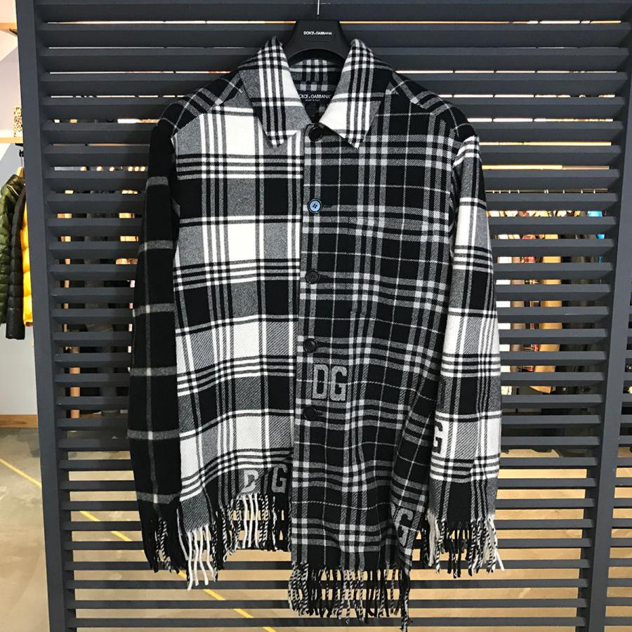 DOLCE&GABBANA 【新品同様】ドルチェ&ガッバーナ チェック柄 コート アシンメトリー フリンジ #XS ブラック ホワイト ...