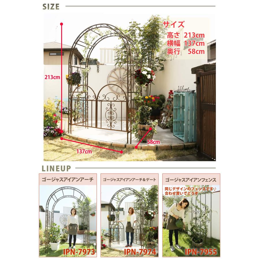 ガーデンガーデン ゴージャスアイアンアーチ&ゲート 高さ213cm×幅137cm×奥行58cm 立体構造 アンティークホワイト IPN-79 : 20240707024318-00118 ...