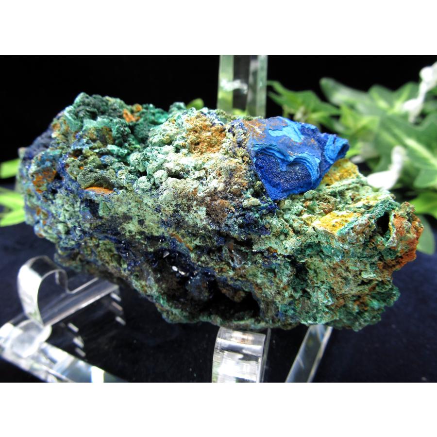 深く濃いブルーのアズライト アズライトマラカイト (アズロマラカイト)原石 専用アクリル台座付き 最大幅94mm 重さ283g キラキラ光沢結晶 : パワーストーン 天然石 ComRose ...