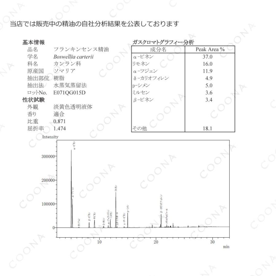 COONA（クーナ） フランキンセンス 精油 カルテリィ 10ml フランキンセンス精油 アロマオイル エッセンシャルオイル : アロマ ...