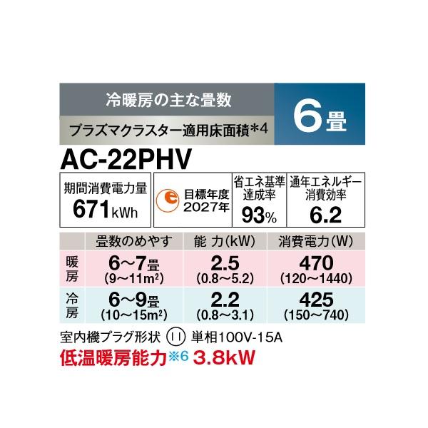 SHARP シャープ AC-22PHV エアコン 6畳 ルームエアコン HVシリーズ 単相100V 15A 冷暖房時6畳程度 ホワイト系 : coordiroom ヤフー店 - 通販 ...