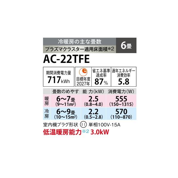 SHARP シャープ AC-22TFE エアコン 6畳 ルームエアコン FEシリーズ プラズマクラスター 単相100V 6畳程度 ホワイト (AC-22SFEの後継品 ...