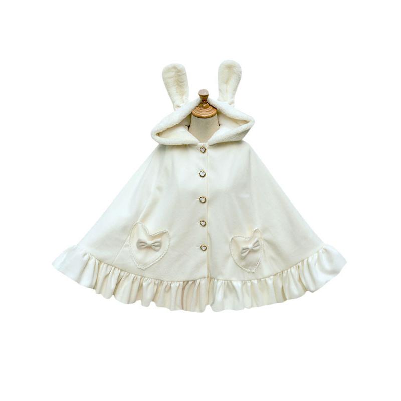 ロリィタケープ　無地　ホワイト　スウィート　フリル　ウサギ　毛織物　お茶会 ロリィタケープ 無地 ホワイト スウィート フリル ウサギ 毛織物 お茶