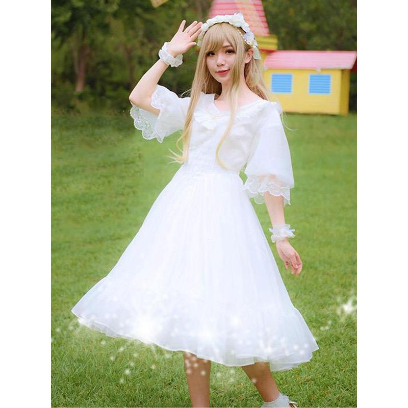 袖ありのワンピース　2021　ハーフスリーブ　オーガンザ　カジュアル　スクープネック　無地クラシックロリータワンピース 袖ありのワンピース 2021 ハーフスリーブ オーガンザ カジュアル