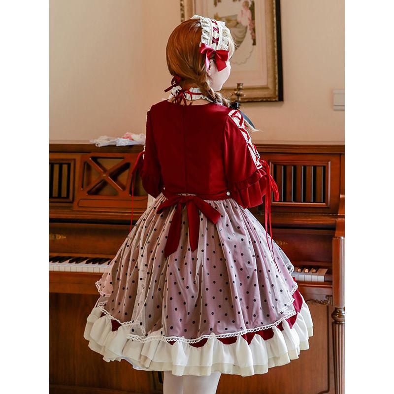 甘いロリータOPドレス白雪姫弓水玉長袖ロリータワンピースドレス 甘いロリータOPドレス白雪姫弓水玉長袖ロリータワンピースドレス