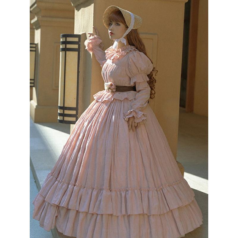 カスタマイズされた甘いロリータヴィンテージロングドレスボウピンク