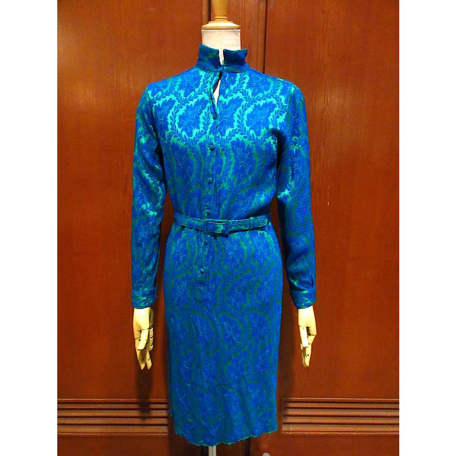 ビンテージ60's Lady Bayardリーフ刺繍長袖ワンピース緑×青size 13/14 221024c1-w-lsdrs 1960s ...