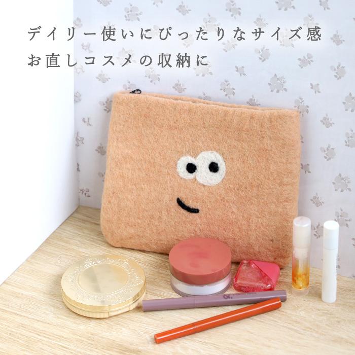 ENA KUAM (エナクアム) 羊毛 フェルト キョロキョロ ポーチ / ネパール ハンドメイド フェアトレード ブランド 小物入れ コスメ 収納 横型 薄型 かわいい 秋 冬 : クラフト ...