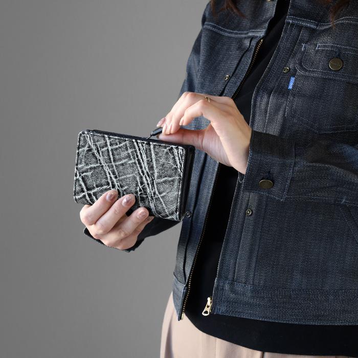 ZOO（レザー） ZOO (ズー) ゾウ革 財布 ミドル 二つ折り財布 L字ファスナー ブラッククラッシュ 本革 象革 イタリアンレザー メンズ レディース エキゾチックレザー 大容量 ...