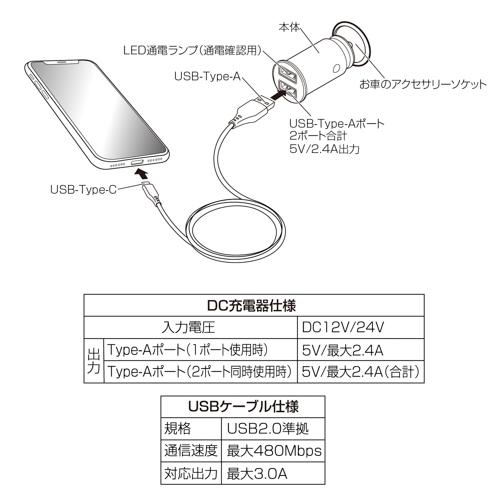 SEIWA セイワ D620 DCパワープラグ A×2 +A to Cケーブル DC12/24V対応 USB充電器/Type-Cケーブル 2台同時充電可能 車載 : seiwa-d620 ...