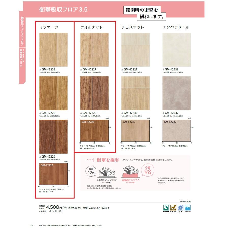 サンゲツ sangetsu HomeFloor 2024.10-2027 サンゲツ 衝撃吸収クッションフロア 3.5mm 厚 幅 1,820mm GM12224 GM12225 GM12226 ...