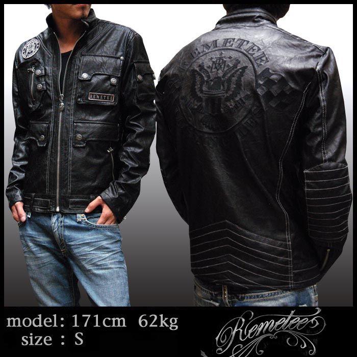 REMETEE レメティー メンズ フェイク レザー ミリタリー ジャケット ブラック セレブ ブランド エドハーディ Ed Hardy エド ...