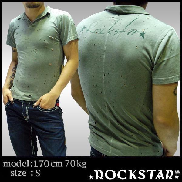 ROC STAR（ロックスター） ROCKSTAR sushi メンズ 半袖 ダメージ ポロシャツ Tシャツ モスグリーン VF022 セレ ...
