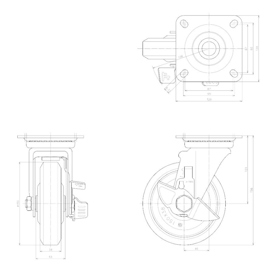 東正車輛 WJ-150UB-S 150mm 自在キャスター ストッパー付 ウレタン車輪 ベアリング入 荷重300kg ゴールドキャスター 補修 ...