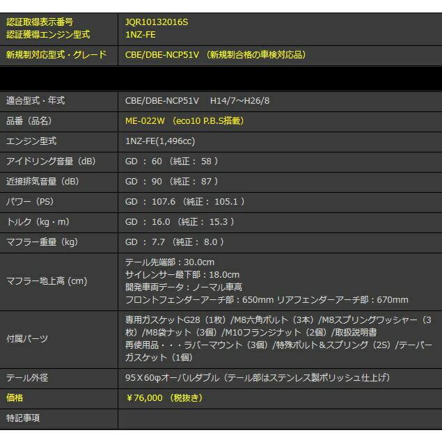 GANADOR プロボックス バン CBE DBE-NCP51V マフラー ME-022W ガナドール eco10 : 掘り出し物ゲット 2号店 - 通販 - Yahoo!ショッピング