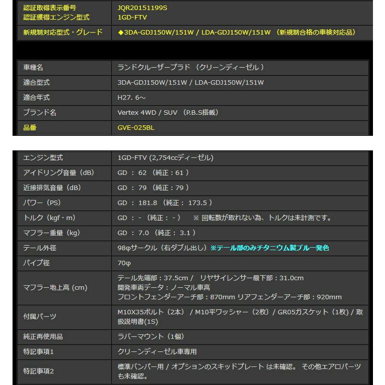 GANADOR ランクルプラド LDA-GDJ 3DA-GDJ 150W 151W クリーンディーゼル マフラー リヤピースのみ GVE-025BL ガナドール Vertex 4WD SUV ...