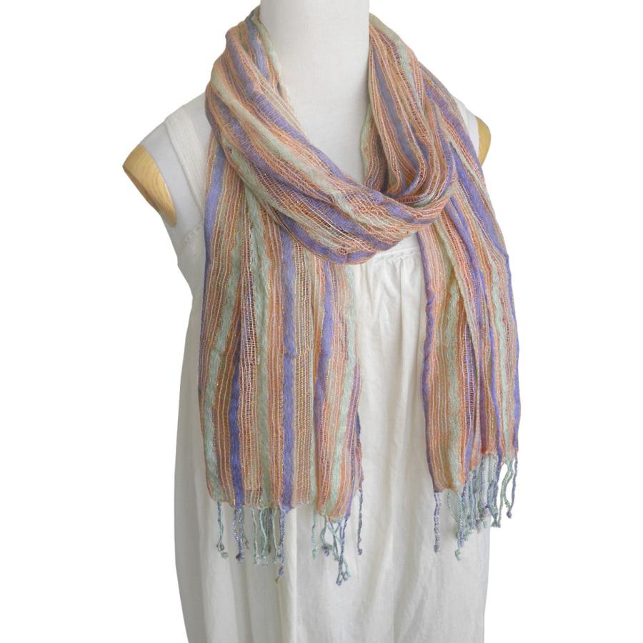 スカーフ 大判 ストール(レディース メンズ)交ぜ織り ストライプ柄 金糸入り コットン ビスコース 混紡 襟元 冷え 対策 紫外線 ...