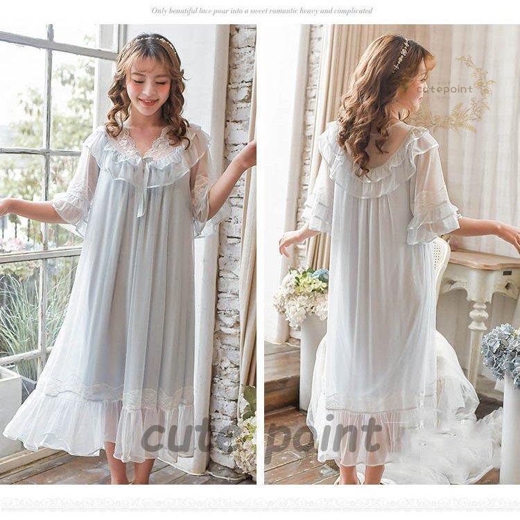 4色！2021新作 レディース レース 姫系 ネグリジェ 寝巻き 五分袖