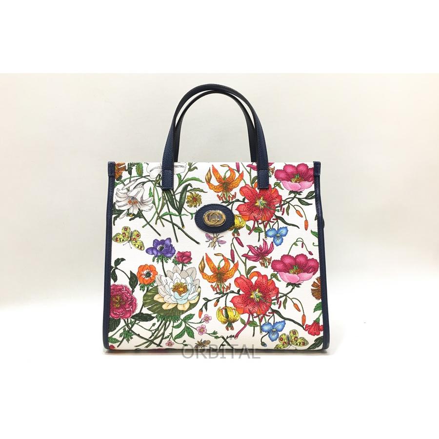 経堂) GUCCI グッチ フローラプリント 2WAYハンドバッグ ショルダーバッグ 550141 ホワイト×ネイビー 正規 ※角擦れ ...