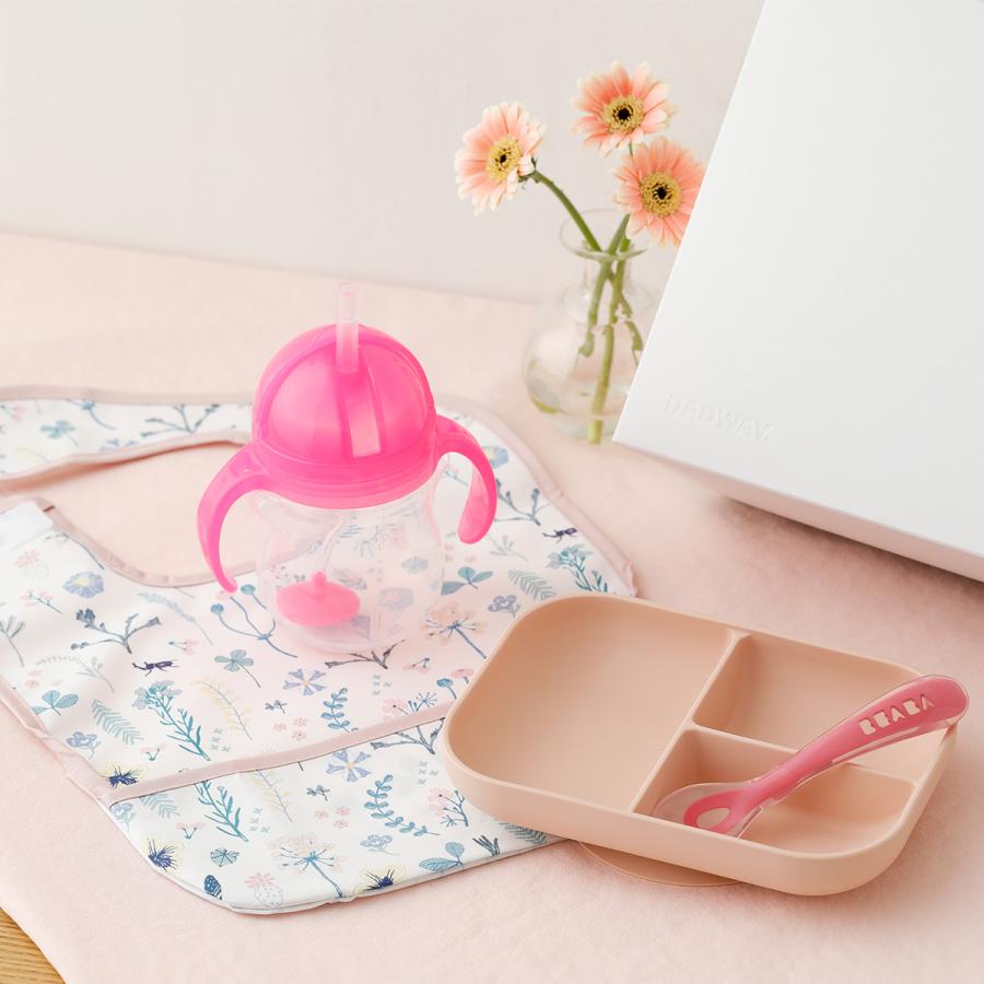 D by DADWAY 【NEW・限定セット】DADWAY ダッドウェイ 出産祝いセット おしょくじ ギフト BOX入 吸盤付き シリコン プレート&スプーン ビブ ノバナ マグ ピンク ...