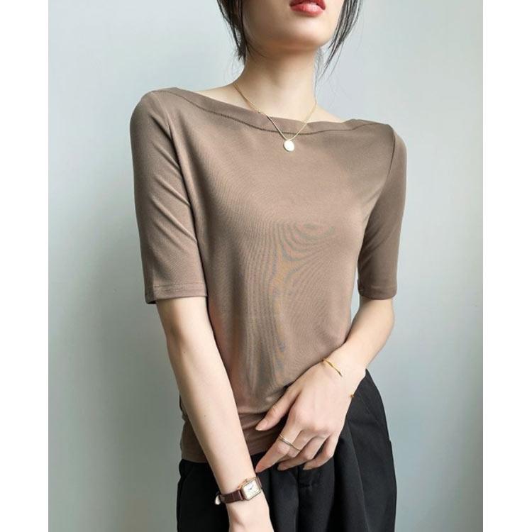 カットソー Tシャツ 黒 モーダル素材 ボートネック5分袖 おしゃれ 無地 UVカット シンプル ストレッチ トップス 半袖 カジ : DAIM STORE - 通販 - Yahoo!ショッピング