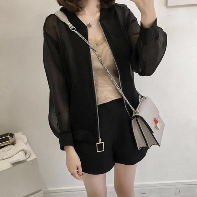 シア―ブルゾン レディース 羽織り シア―ブルゾン オーガンジー ジップアップ ジャケット 長袖 透け感 光沢 艶あり シースルー ノーカラー ショー :ikawa657484:DAIM ...