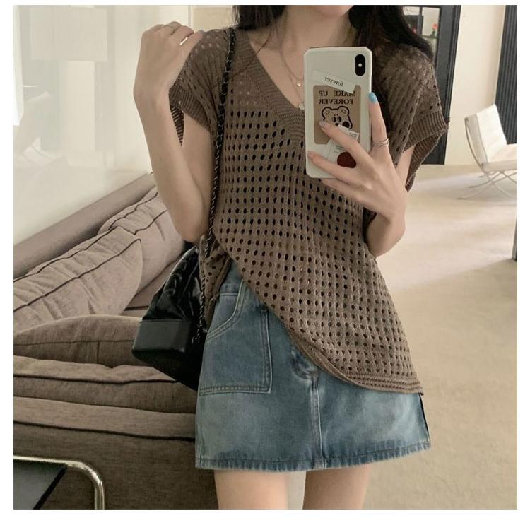 フレンチスリーブ 半袖 レディース サマーニット 無地 トップス Vネック メッシュニット ベスト カットソー 透かし編み ゆったり UVカット 薄手 : DAIM STORE - 通販 ...