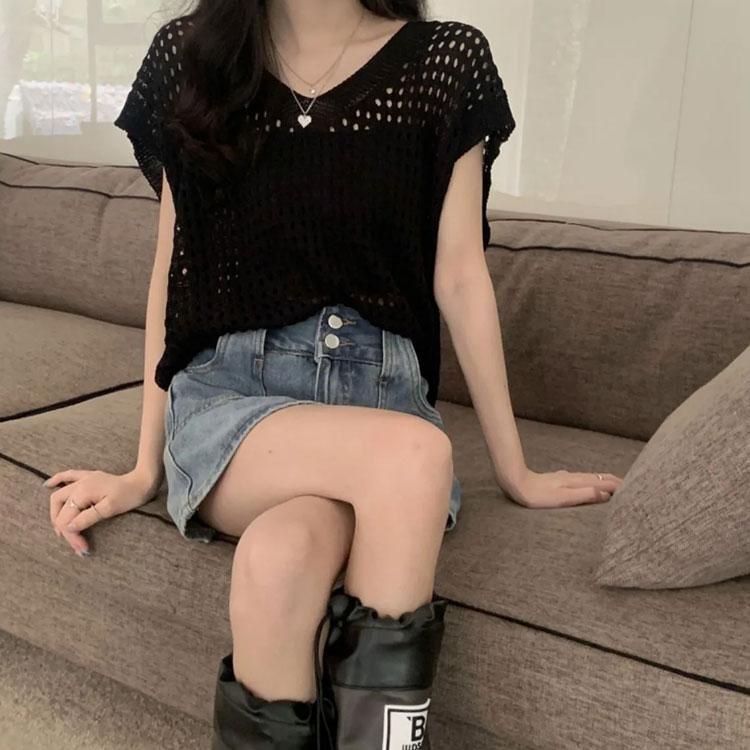 フレンチスリーブ 半袖 レディース サマーニット 無地 トップス Vネック メッシュニット ベスト カットソー 透かし編み ゆったり UVカット 薄手 : DAIM STORE - 通販 ...