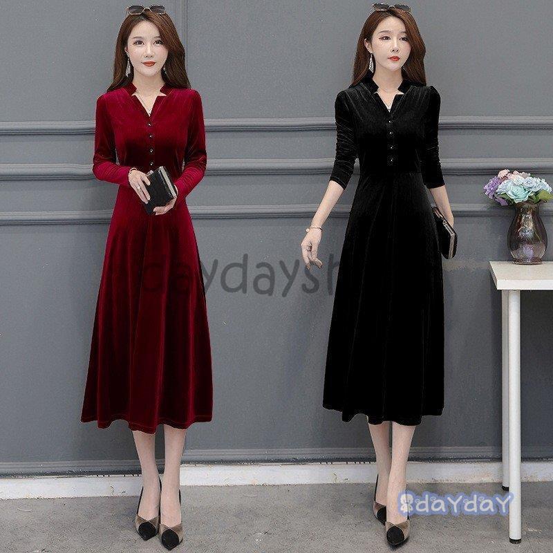 ワンピース 秋 レディース ロング丈 長袖 Vネック aライン ベロアワンピース 無地 着痩せ きれいめ お洒落 通勤 OL 入学式 卒業式 ...
