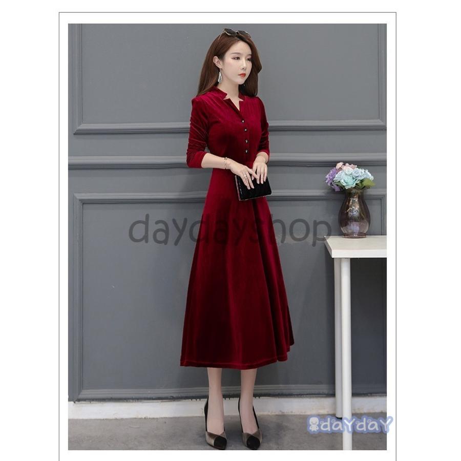 ワンピース 秋 レディース ロング丈 長袖 Vネック aライン ベロアワンピース 無地 着痩せ きれいめ お洒落 通勤 OL 入学式 卒業式 ...