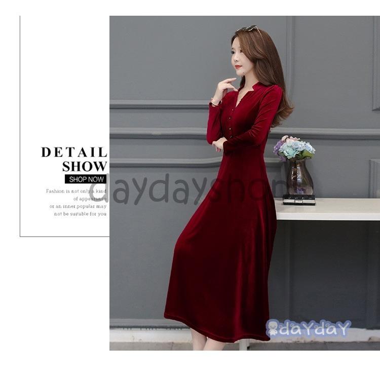 ワンピース 秋 レディース ロング丈 長袖 Vネック aライン ベロアワンピース 無地 着痩せ きれいめ お洒落 通勤 OL 入学式 卒業式 ...