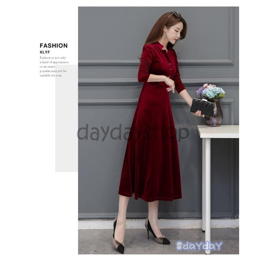ワンピース 秋 レディース ロング丈 長袖 Vネック aライン ベロアワンピース 無地 着痩せ きれいめ お洒落 通勤 OL 入学式 卒業式 ...